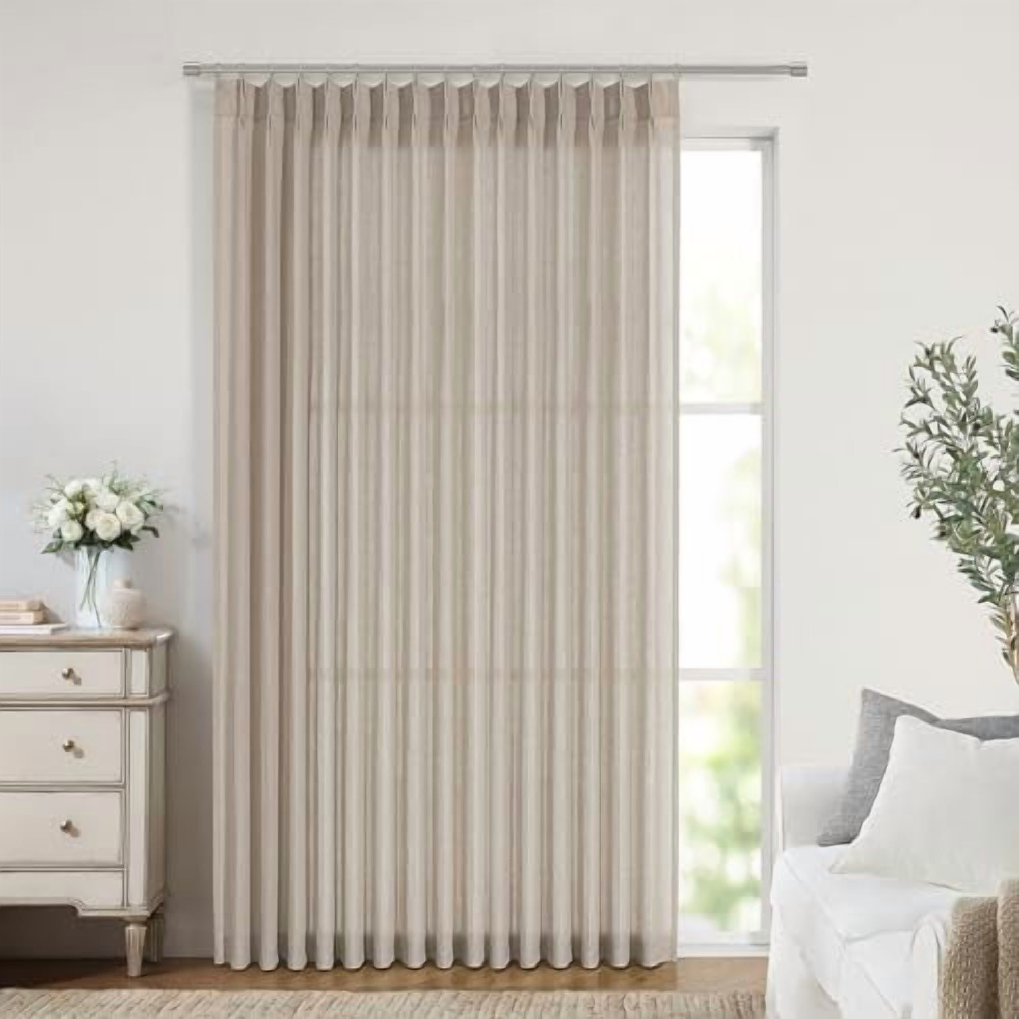 Sand Pinch Pleated Semi Sheer Curtains Textured Linen Blended Light ...