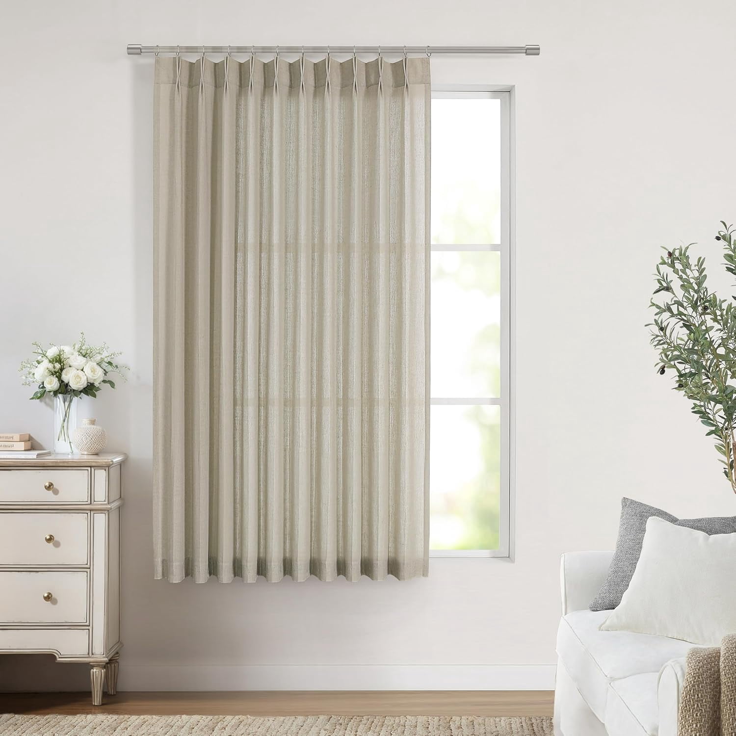Sand Pinch Pleated Semi Sheer Curtains Textured Linen Blended Light ...