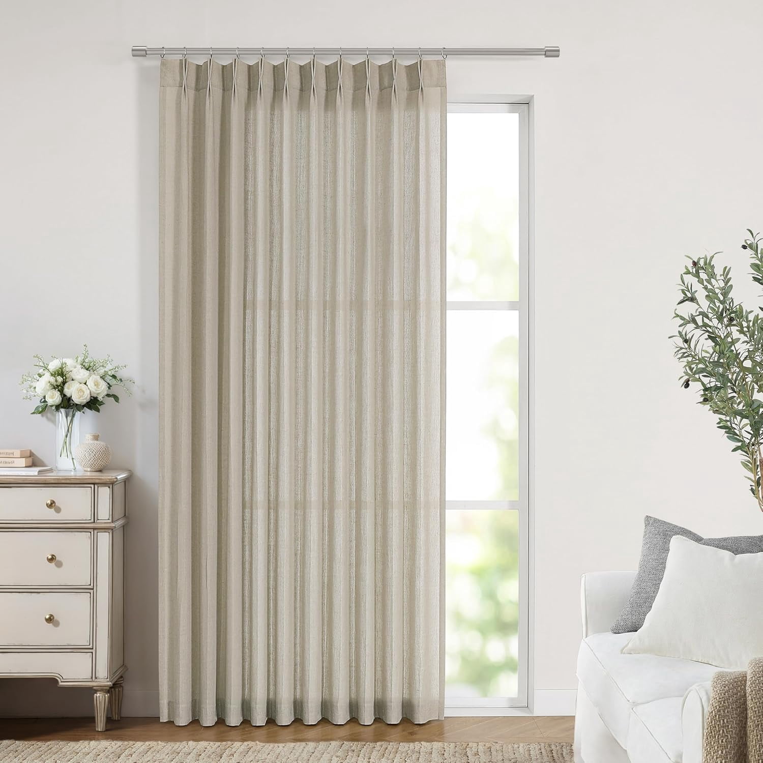 Sand Pinch Pleated Semi Sheer Curtains Textured Linen Blended Light ...