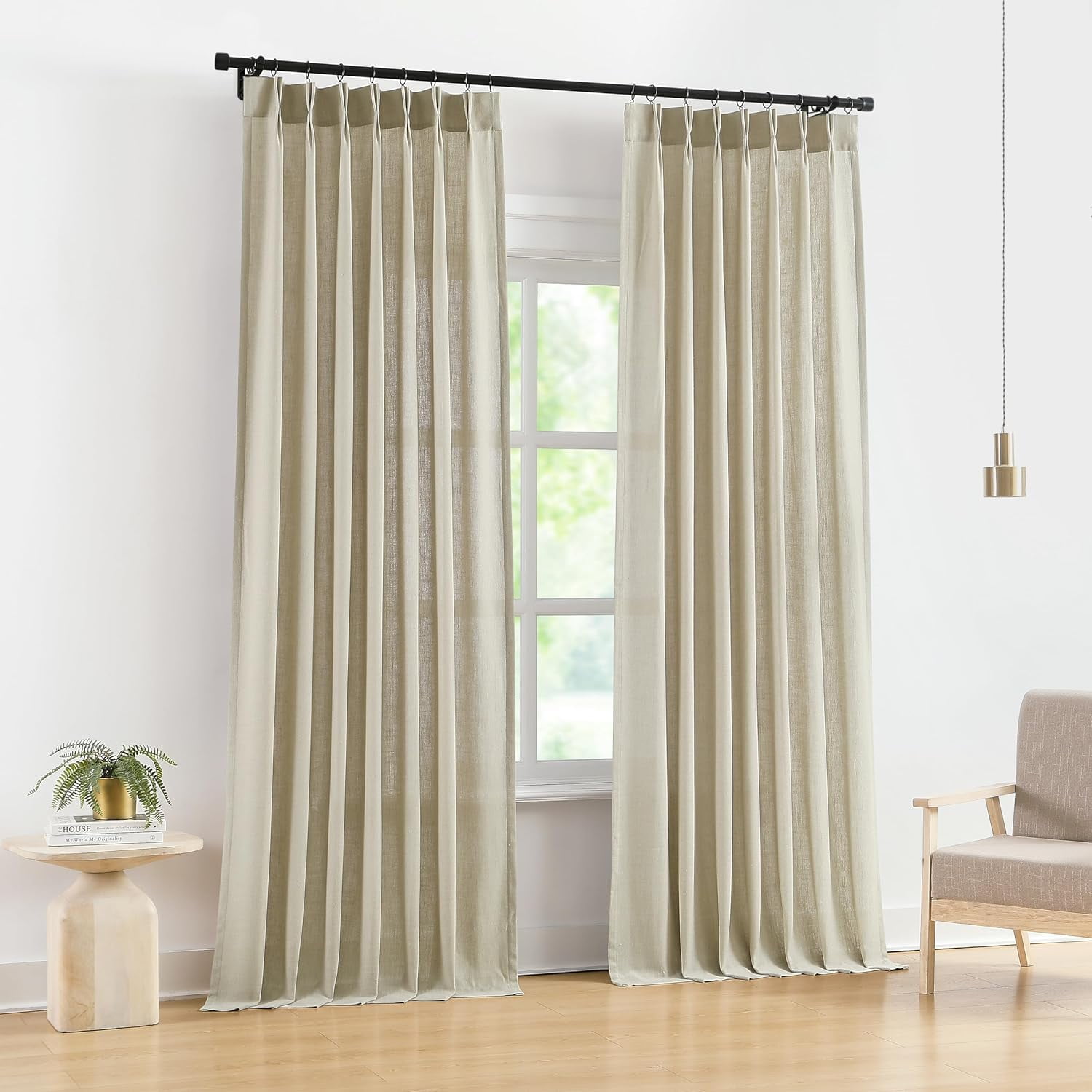 Sand Pinch Pleated Semi Sheer Curtains Textured Linen Blended Light ...