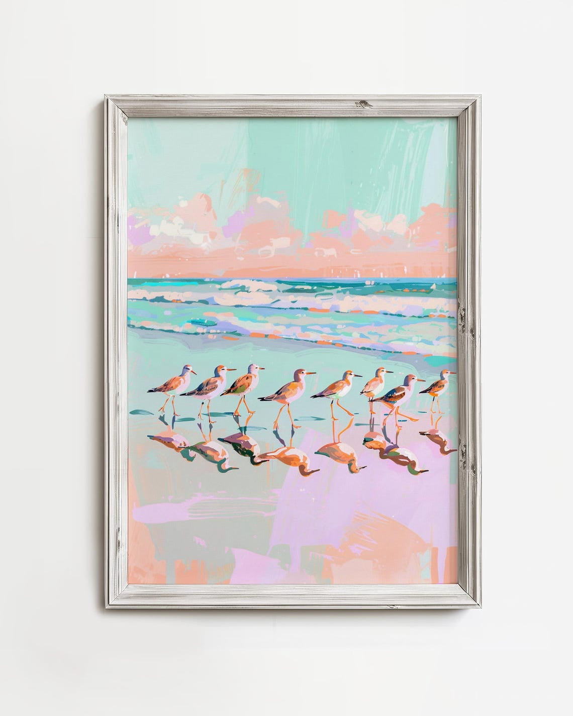 Sand Pipers In Line Colorful Pastel Bird Pink Blue Coastal Artwork Sea ...
