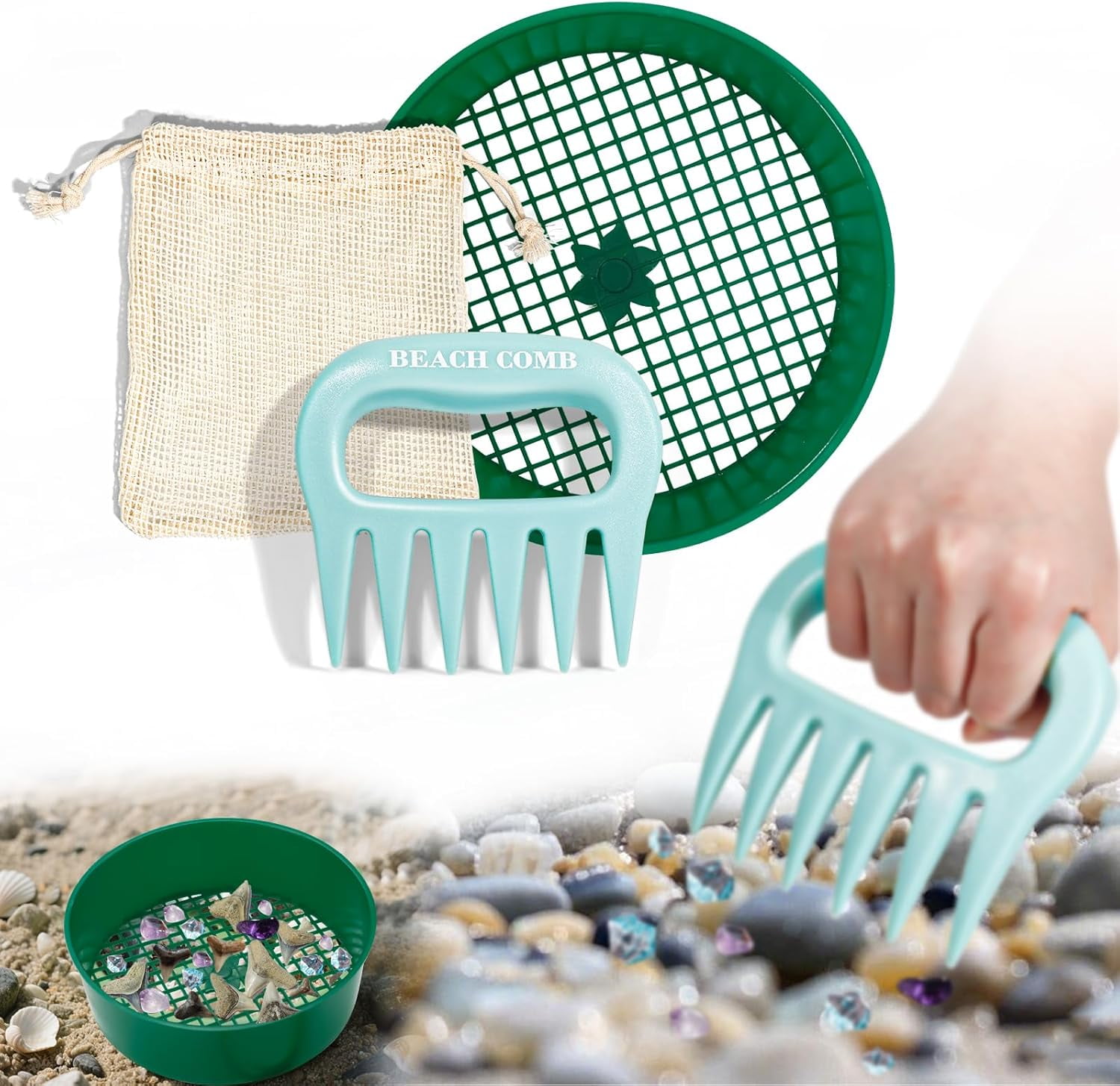 Sand Scoop with Shovel Sand Flea Rake with Beach Mesh Bag Plastic Sand Sifter for The Beach ...