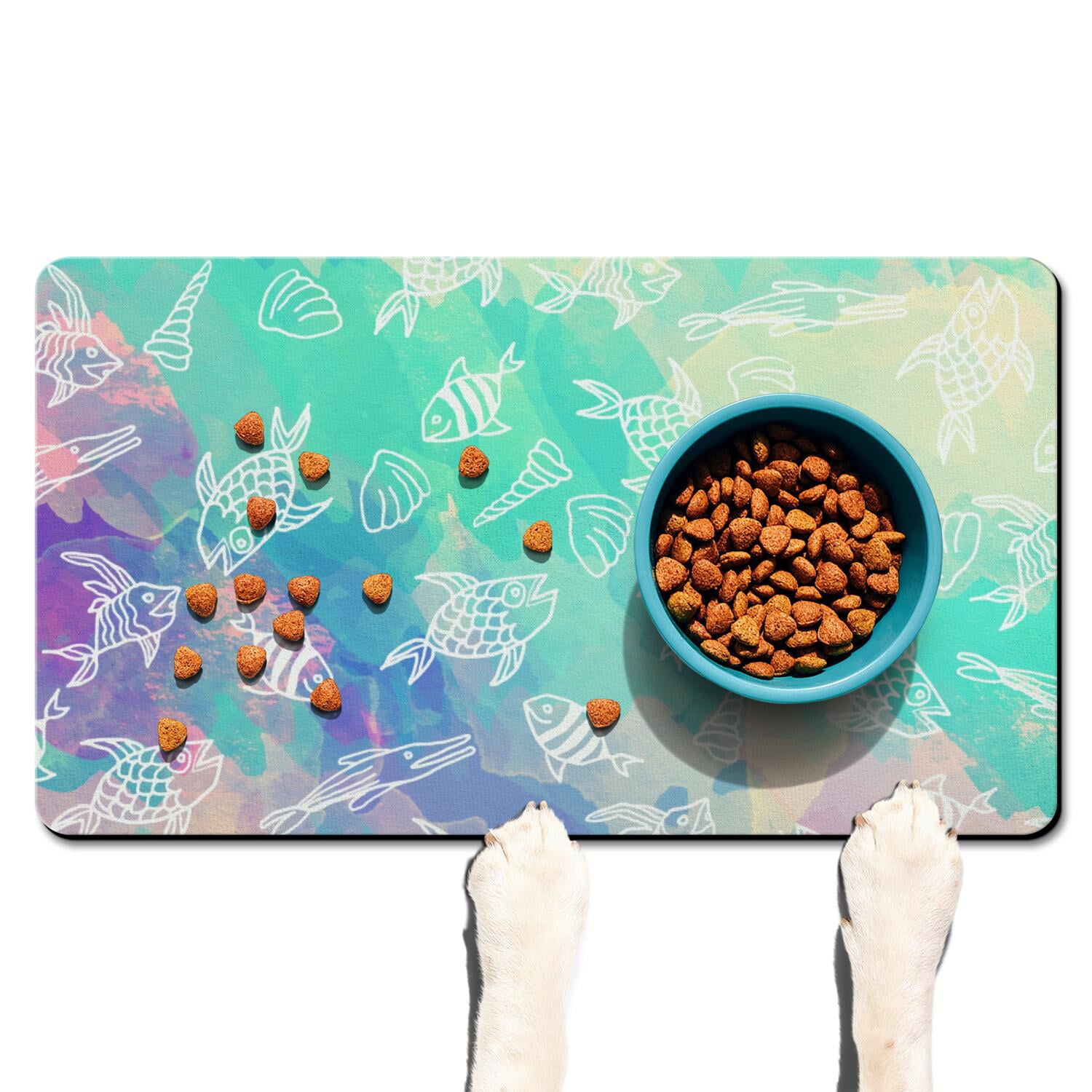 Sand & Sea Inspired Pet Food Mat - Fish Design Absorbent Dog Feeding ...