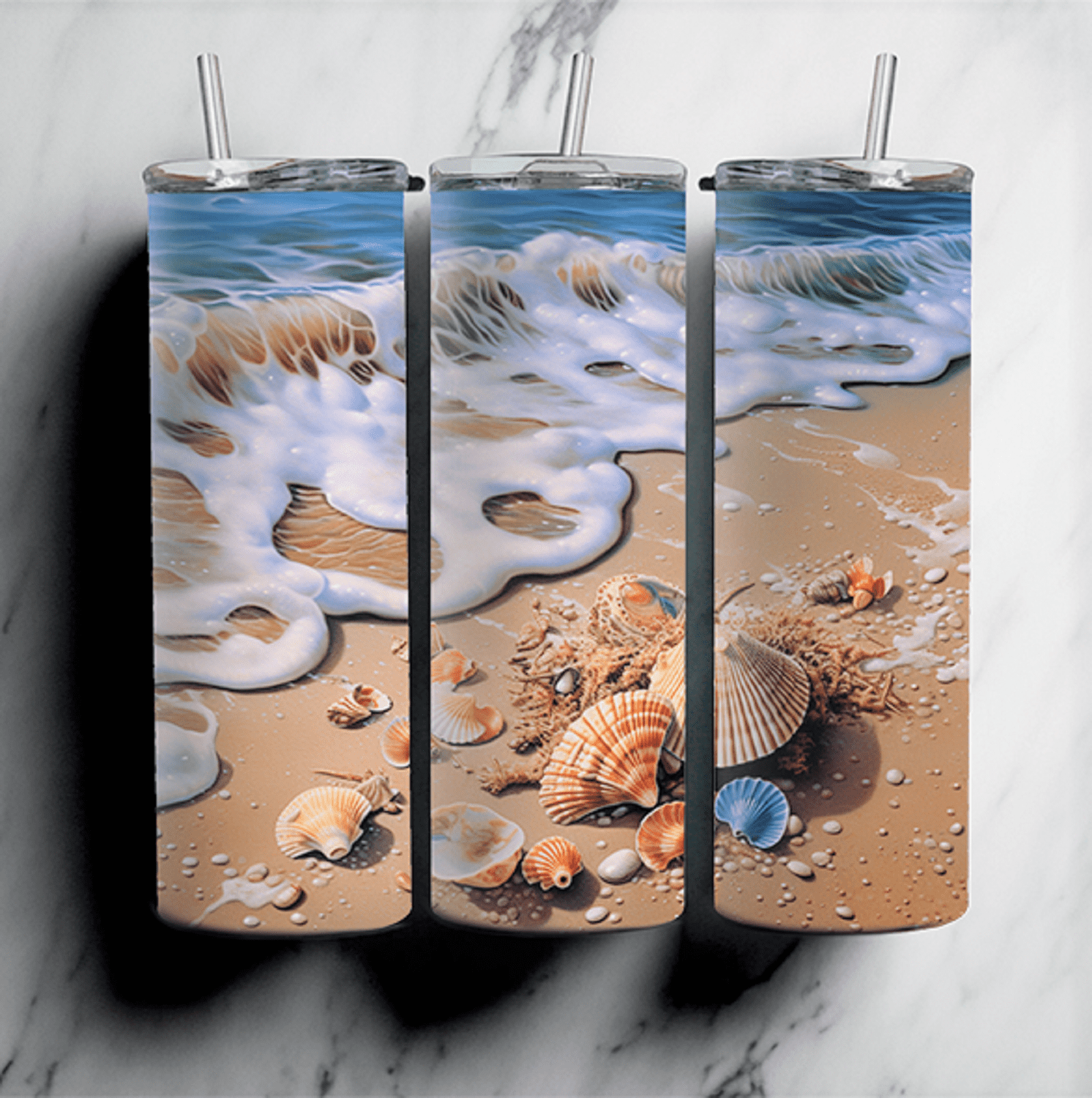 Sand Surf and Seashells at the Beach 20 Oz Skinny Metal Tumbler w/Lid ...