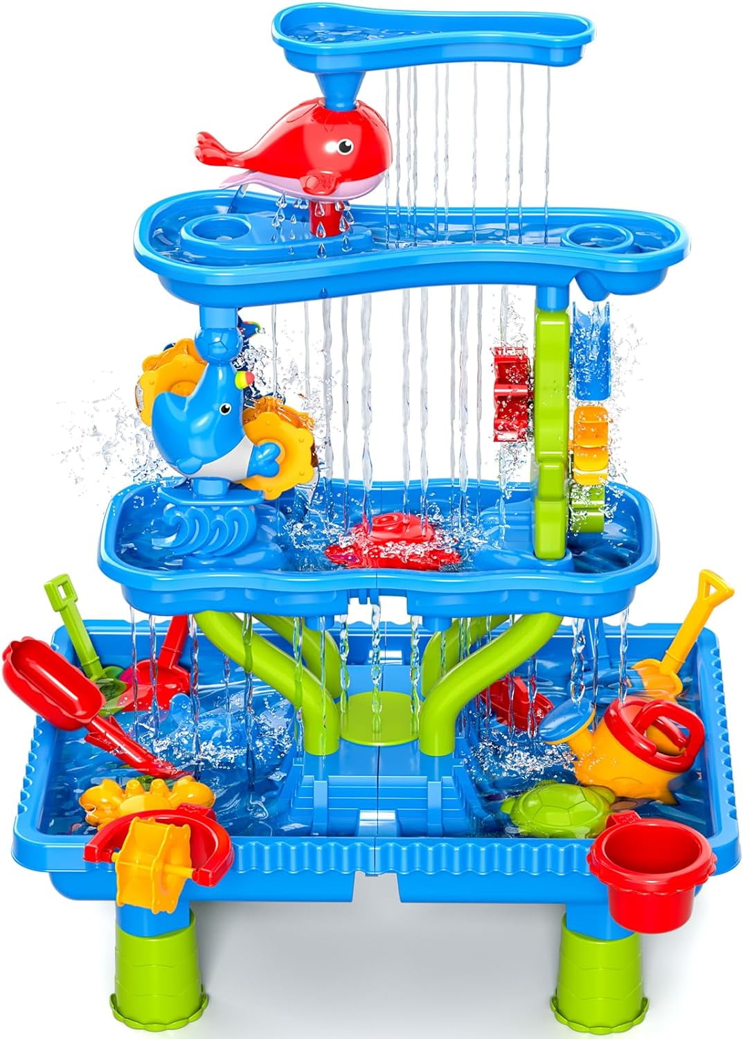 Sand & Water Table for Kids 3+ with 3-Tier Design, Rain Showers Splash ...