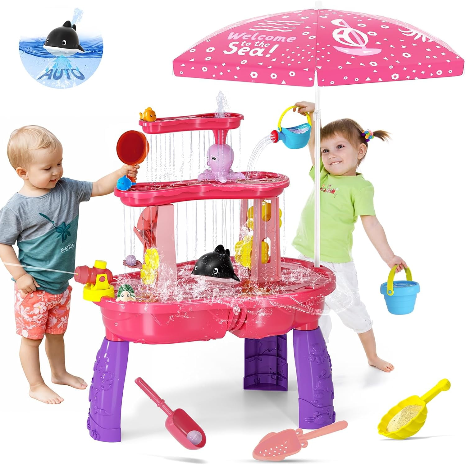 Sand Water Table Toys for Toddlers 1-3 3-5 with Umbrella, 3-Tier Kids Outdoor Water Tables Toy ...
