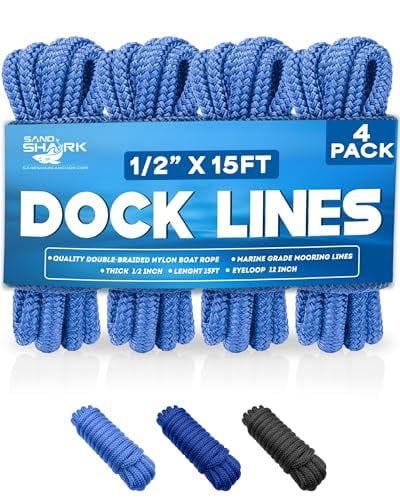SandShark Premium 15ft 1/2in Dock Lines 4 Pack, Quality Double-Braided ...
