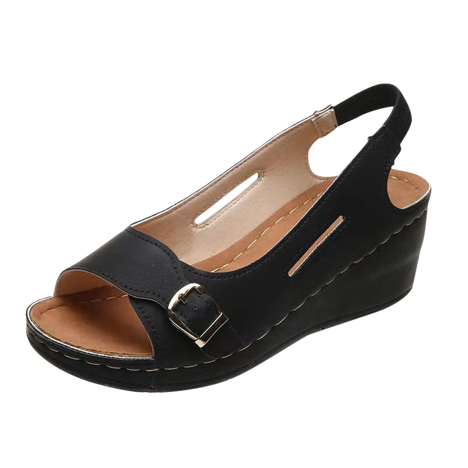 Sandals For Women Buckle Decor Outdoor Slip On Peep Toe Sandal Black 37 ...