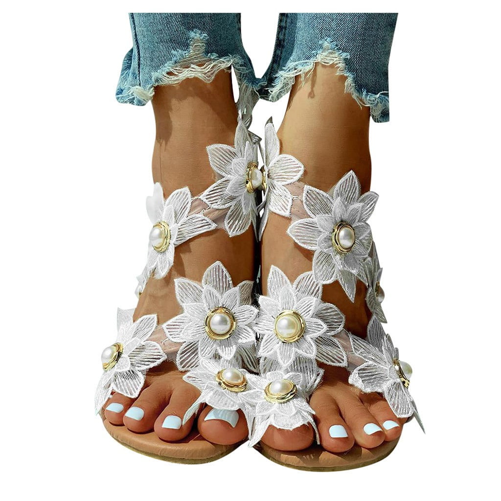 Sandals For Women Casual Summer Toe Ring Floral Beach Pearl Fashion ...