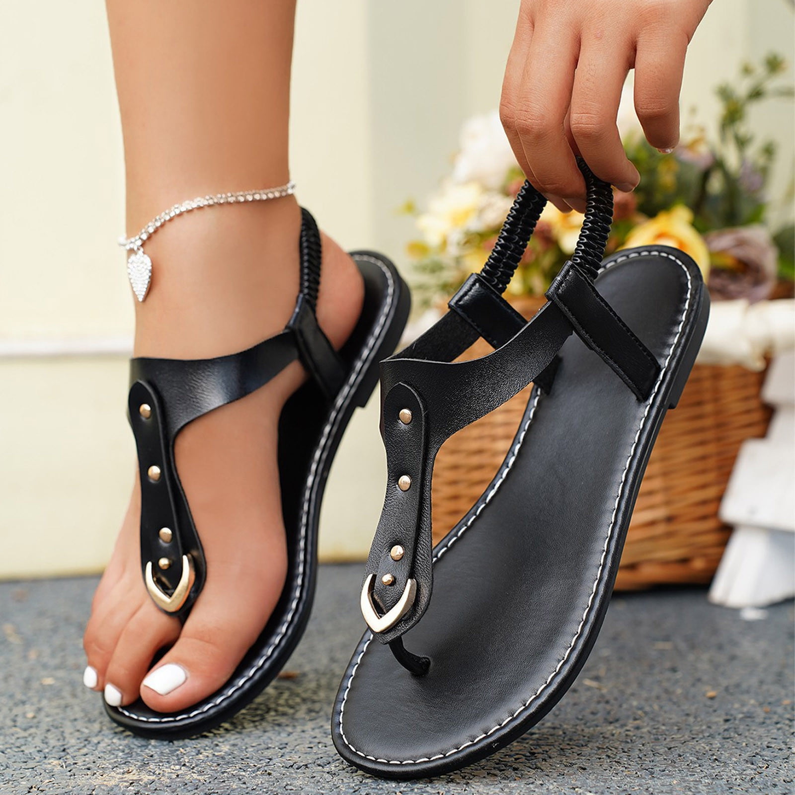 Sandals for Women 2024 Deals! Nilvkv Pinch Toed Nail Flat Sole Sandals ...