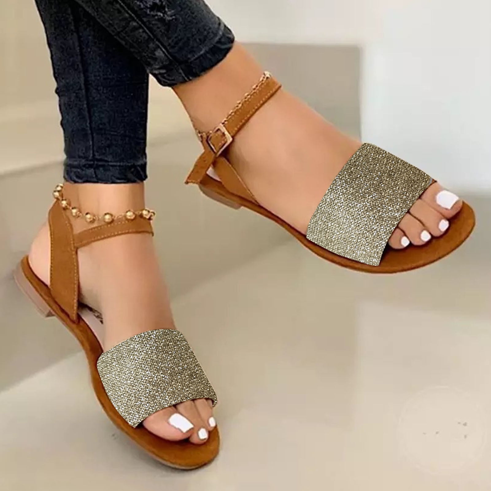 Sandals Women Women'S Fashion Summer Large Size Pure Color Buckle Flat ...