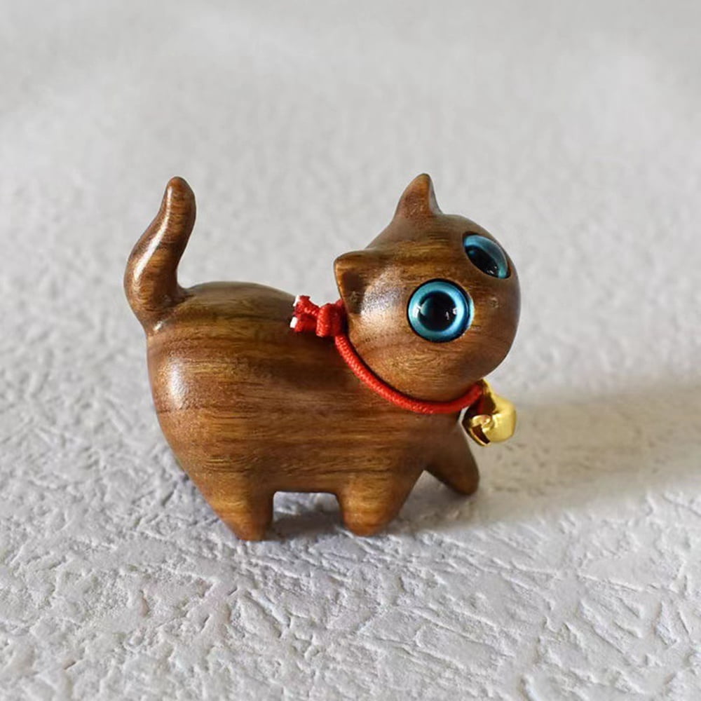 Sandalwood Carved Wood Cat, Handmade Wood Carved Cats, Cute Big Eyes ...