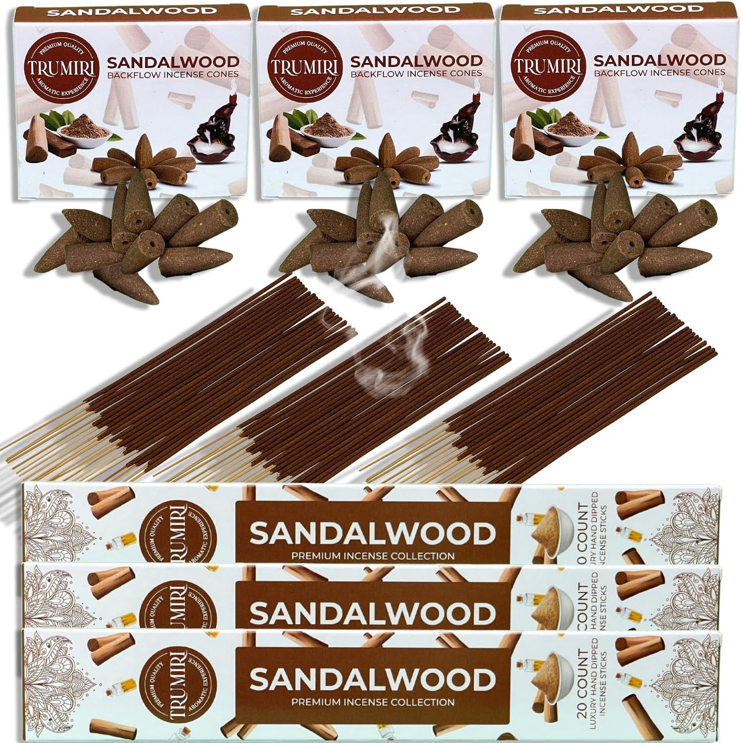 Sandalwood Incense Sticks & Backflow Incense Cones for Waterfall Combo ...