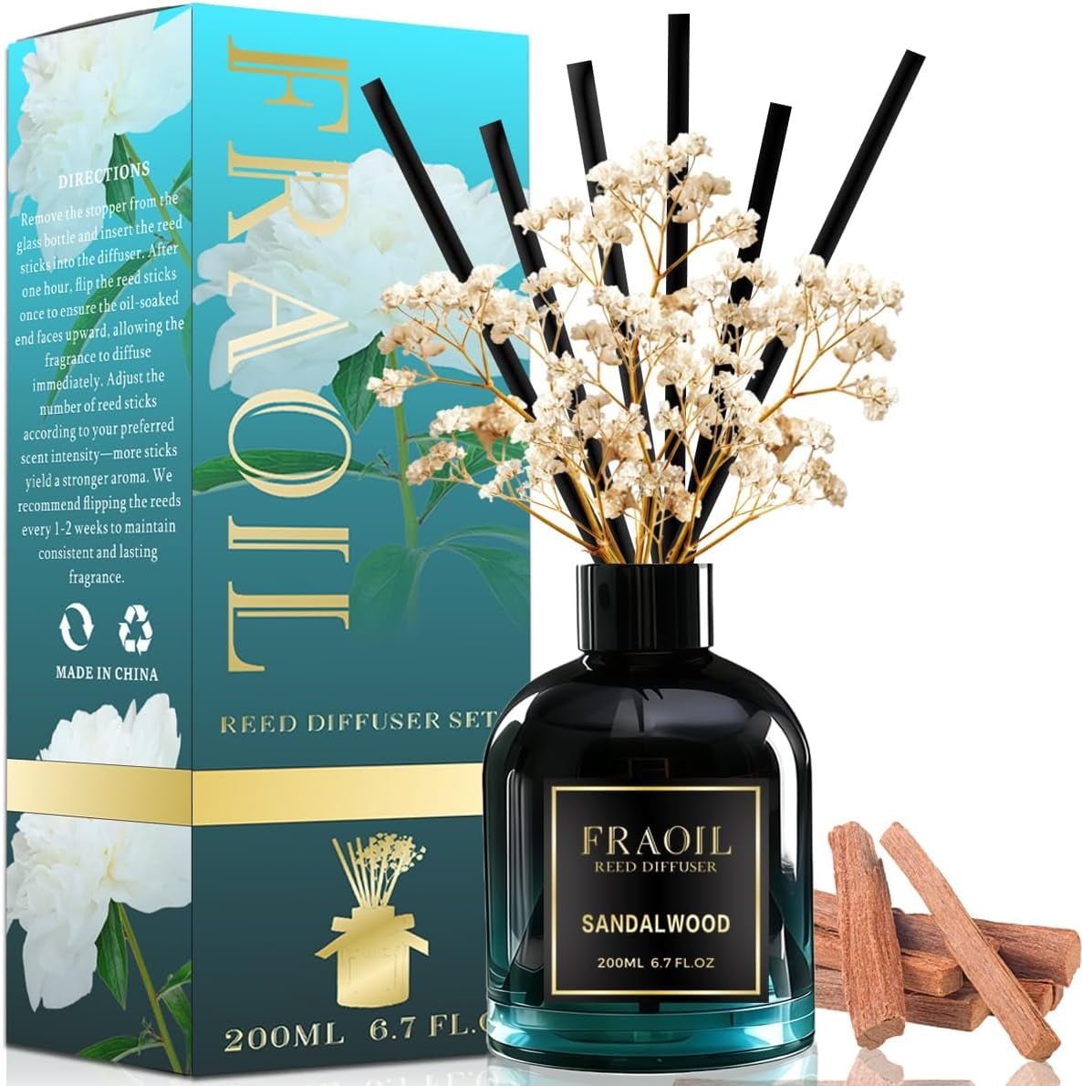 Sandalwood Reed Diffuser, Reed Diffuser Set 6.7 fl oz (200 ml) with 6 ...