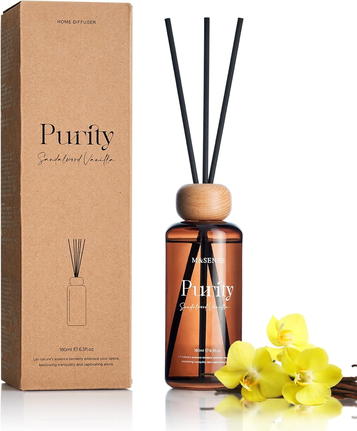 Sandalwood Vanilla Reed Diffuser Set: 6.3 fl oz Non-Toxic Aroma Set with Sticks, Light & Subtle ...