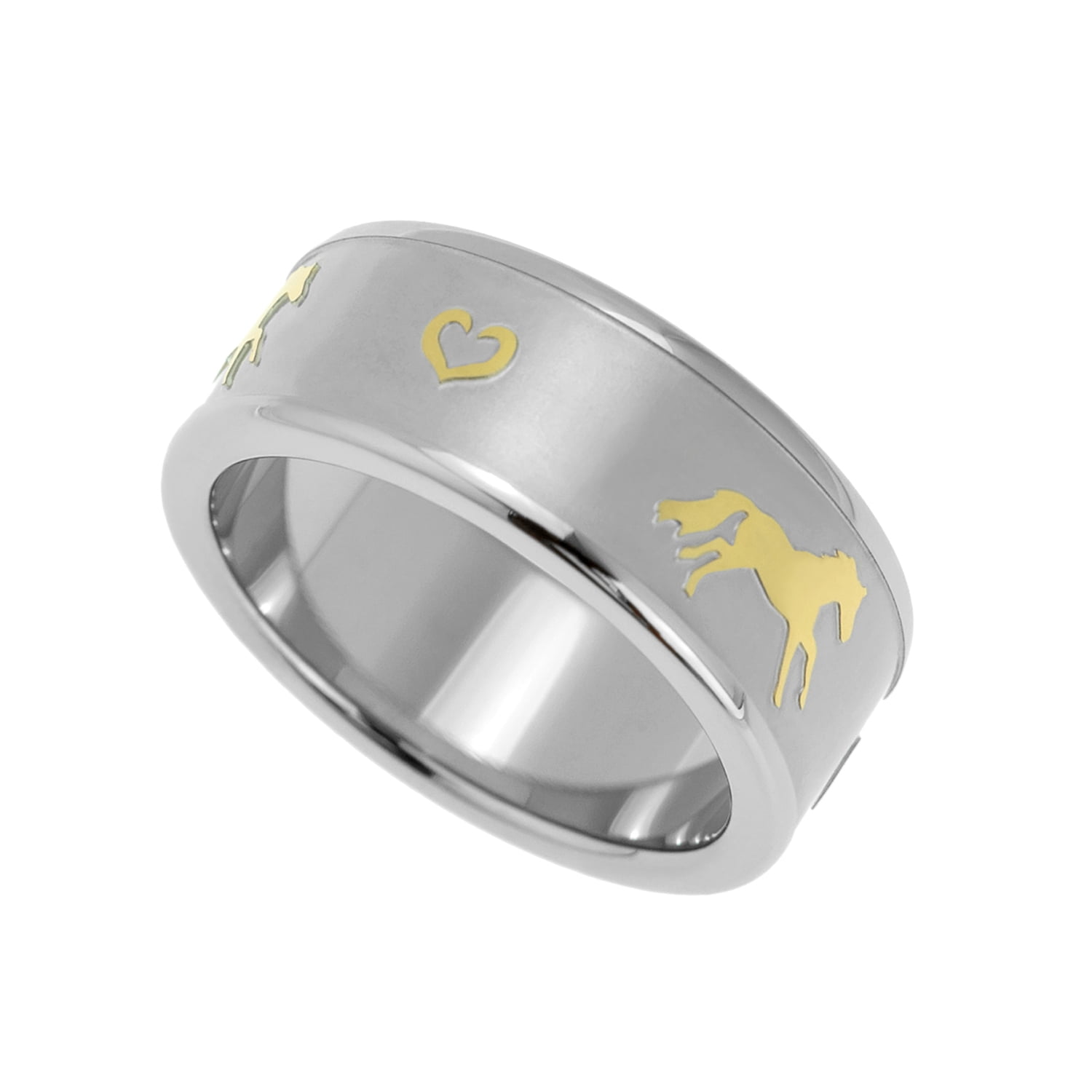 Sandblasted Stainless Steel Horse and Heart Ring - Gold Ion Plated ...