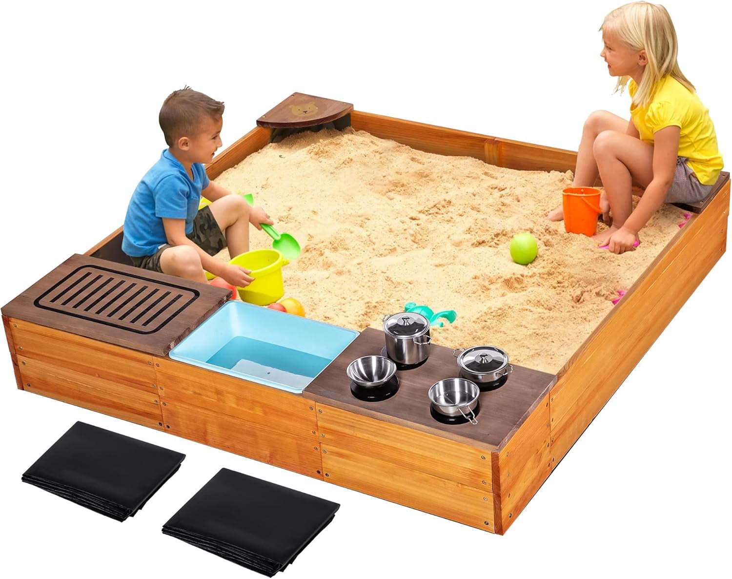 Sandbox with Cover, 2 in 1 Sandpit & Kitchen Playset, Outdoor Sand Box ...