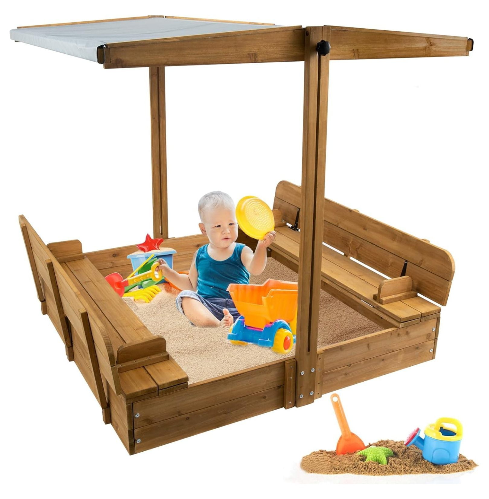 Sandbox with Cover, Wooden Sandbox with Canopy Rotatable Canopy, Adjustable Height, and UV ...