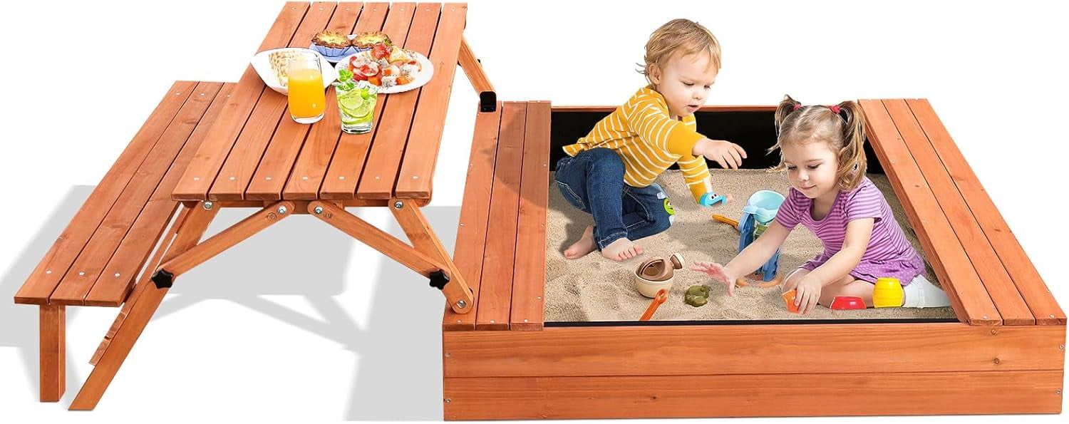 Sandbox with Foldable Picnic Table and Seat, Wooden Kids Sandbox with ...