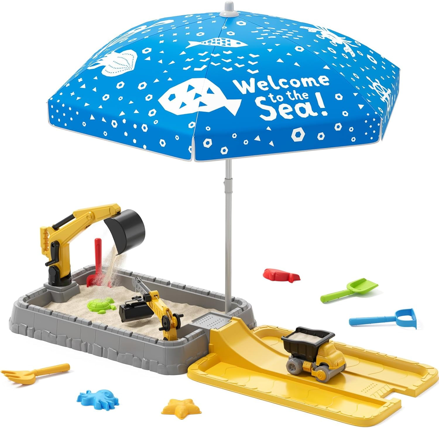 Sandbox with Lid & Adjustable Umbrella, Dirt Digger Excavator Sand Box ...