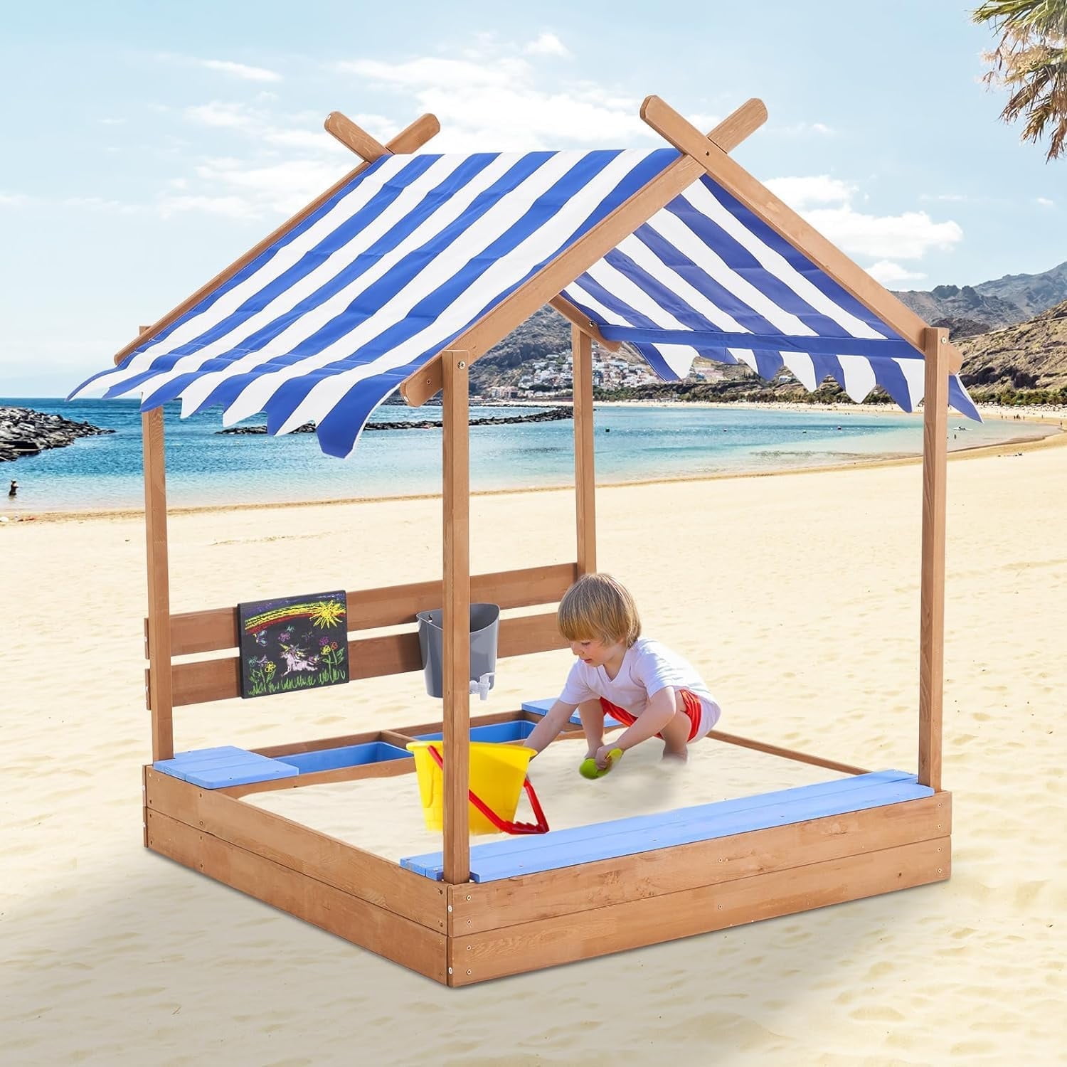 Sandbox with Lid and Cover, 49" Kids Large Wooden Sand Box with Liner ...