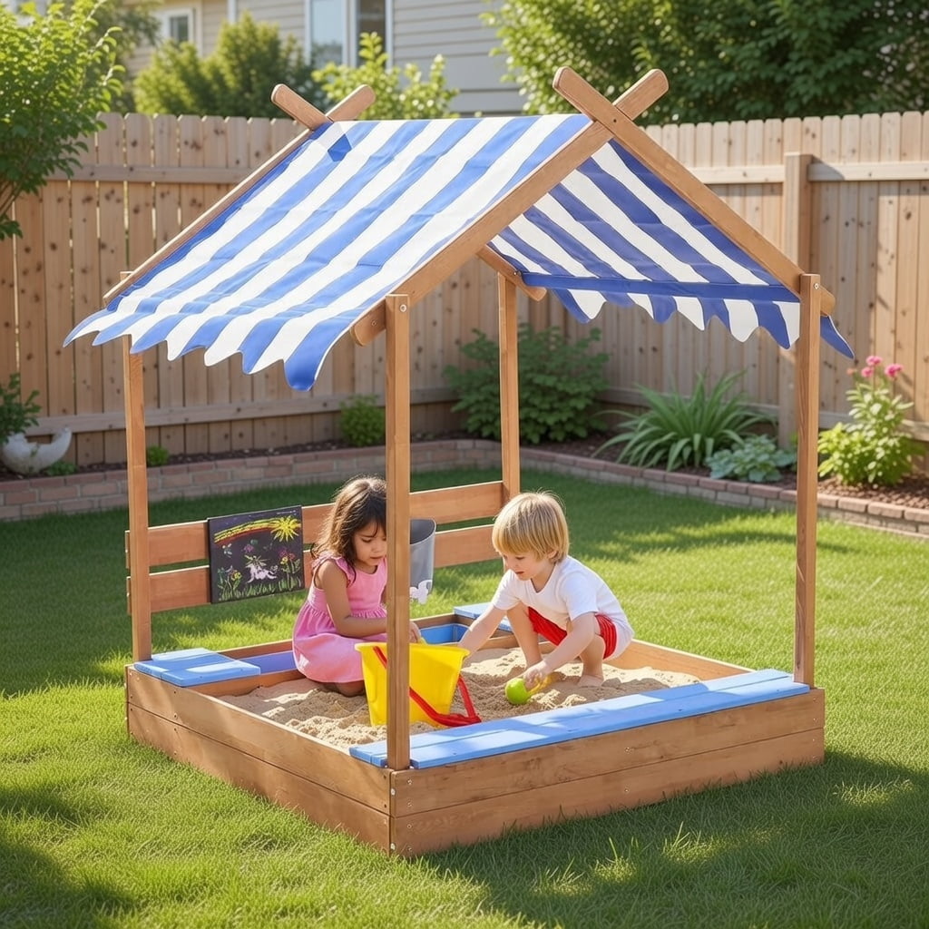 Sandbox with Lid and Cover, 49" Kids Large Wooden Sand Box with Liner ...