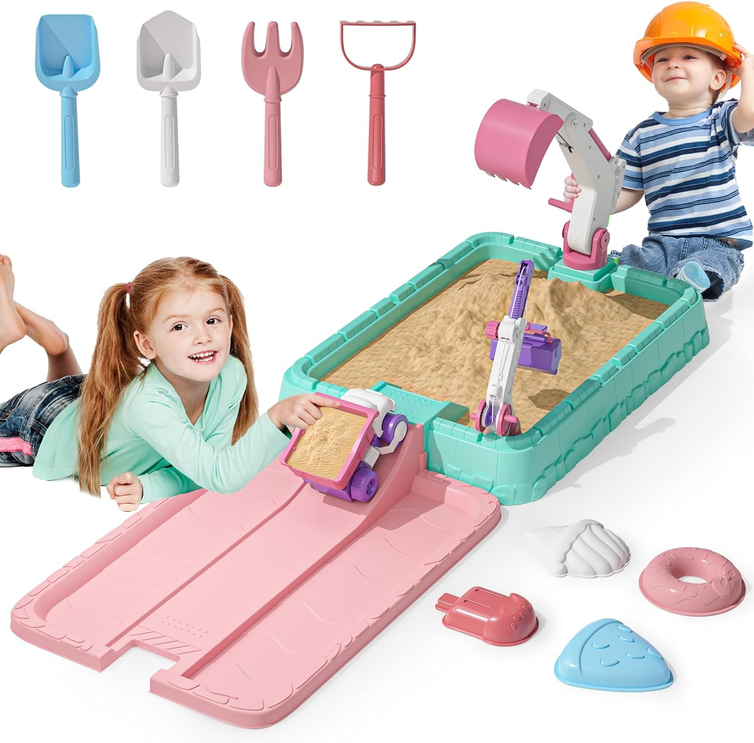 Sandbox with Lid, Kids Construction Sand Box with Excavator, Crane ...