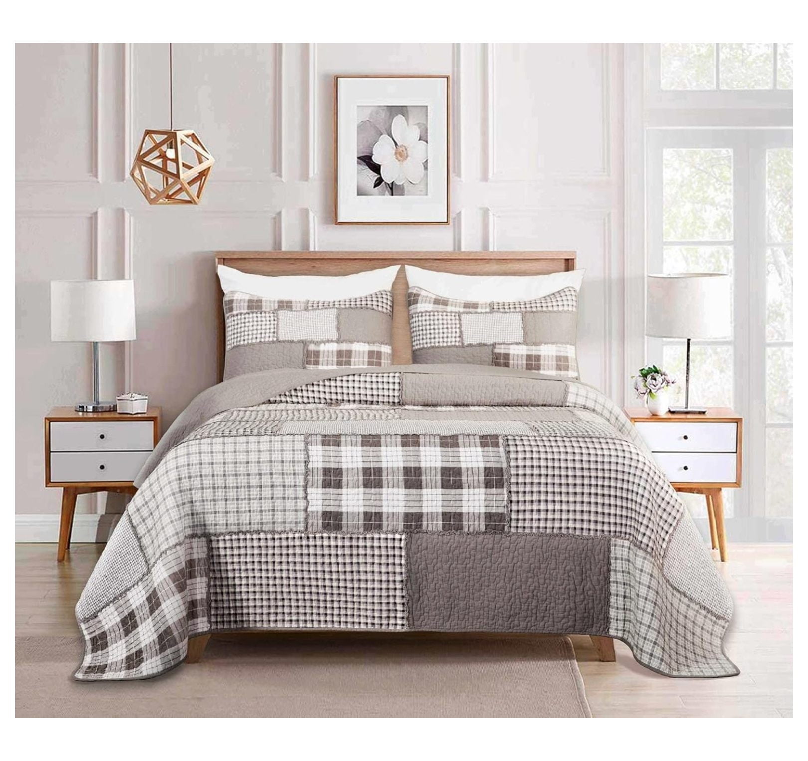 Sanders 3-Piece Plaid Windowpane Checkered Patchwork Quilt Set - Soft ...