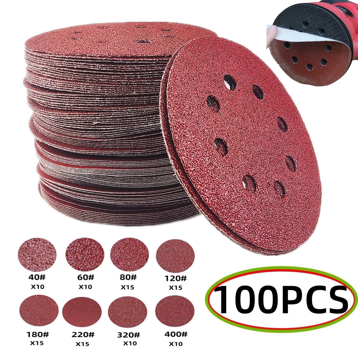 Kabuer 5 Inch Sanding Discs, 100 Pcs, 40-400 Grit, 8 Hole Sandpaper for ...