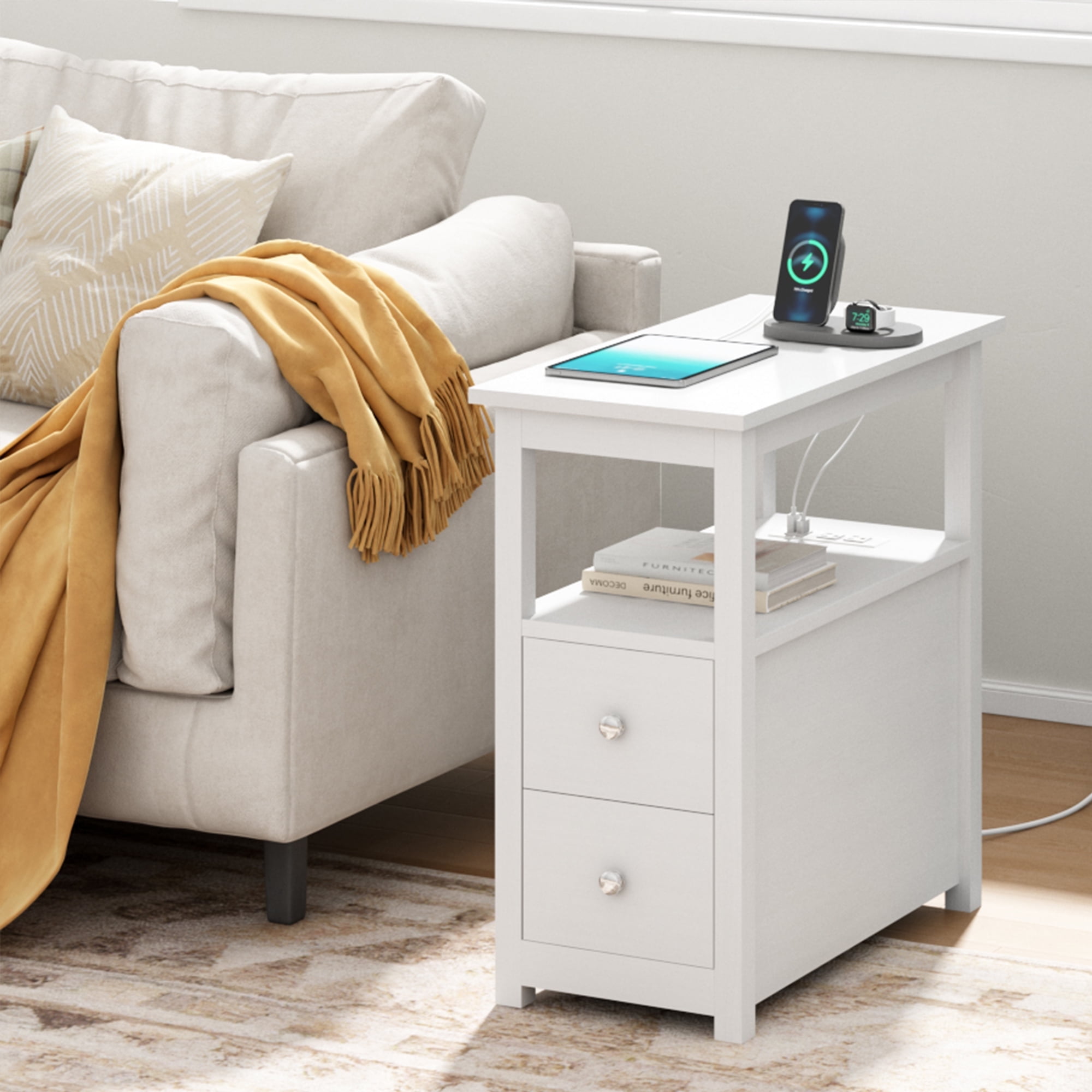 Sandinrayli End Table with Charging Station Narrow Nightstand Bedside ...
