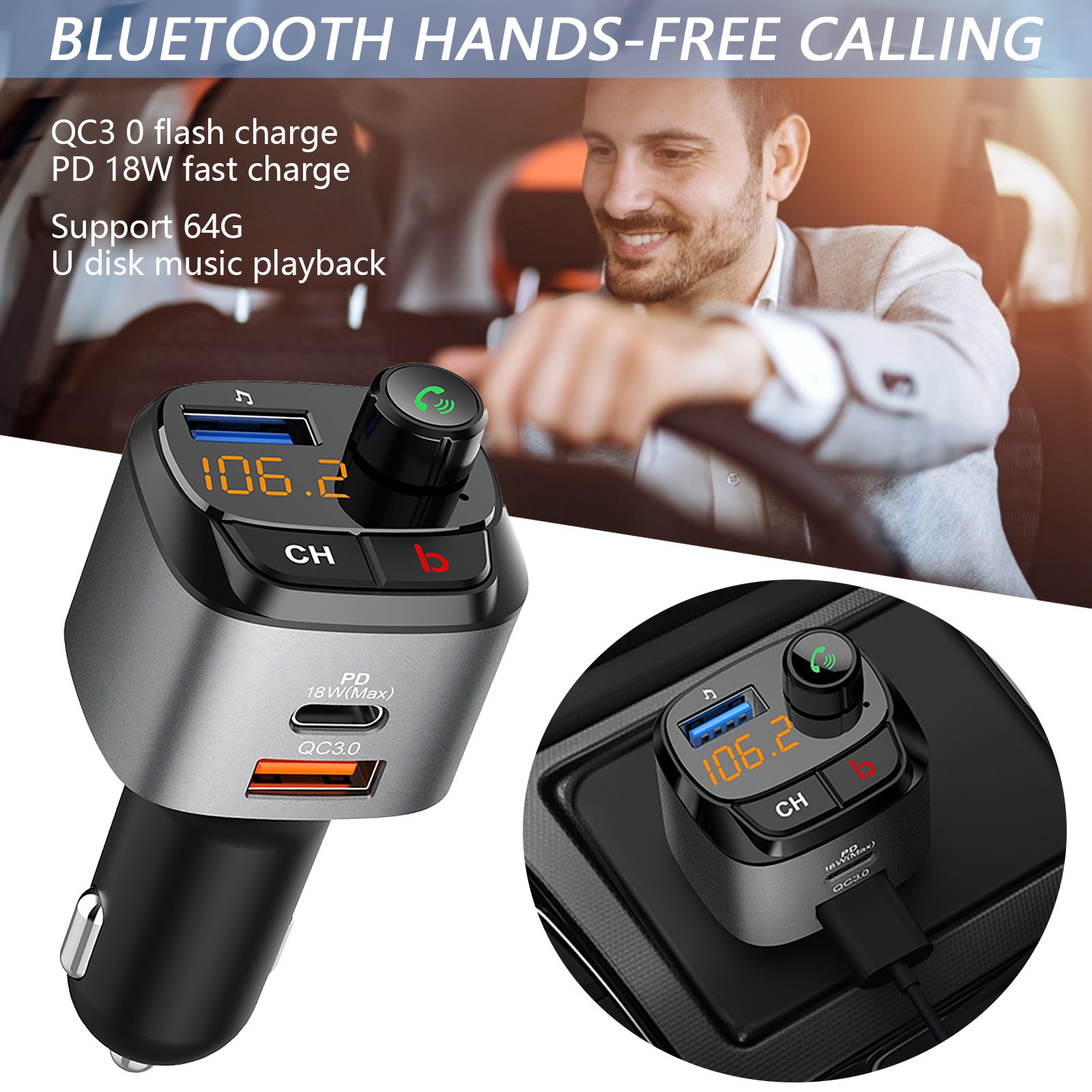 Sandistore Easy Guard Bluetooth Music Car Charger Pd/Qc3.0 Fast Hands ...