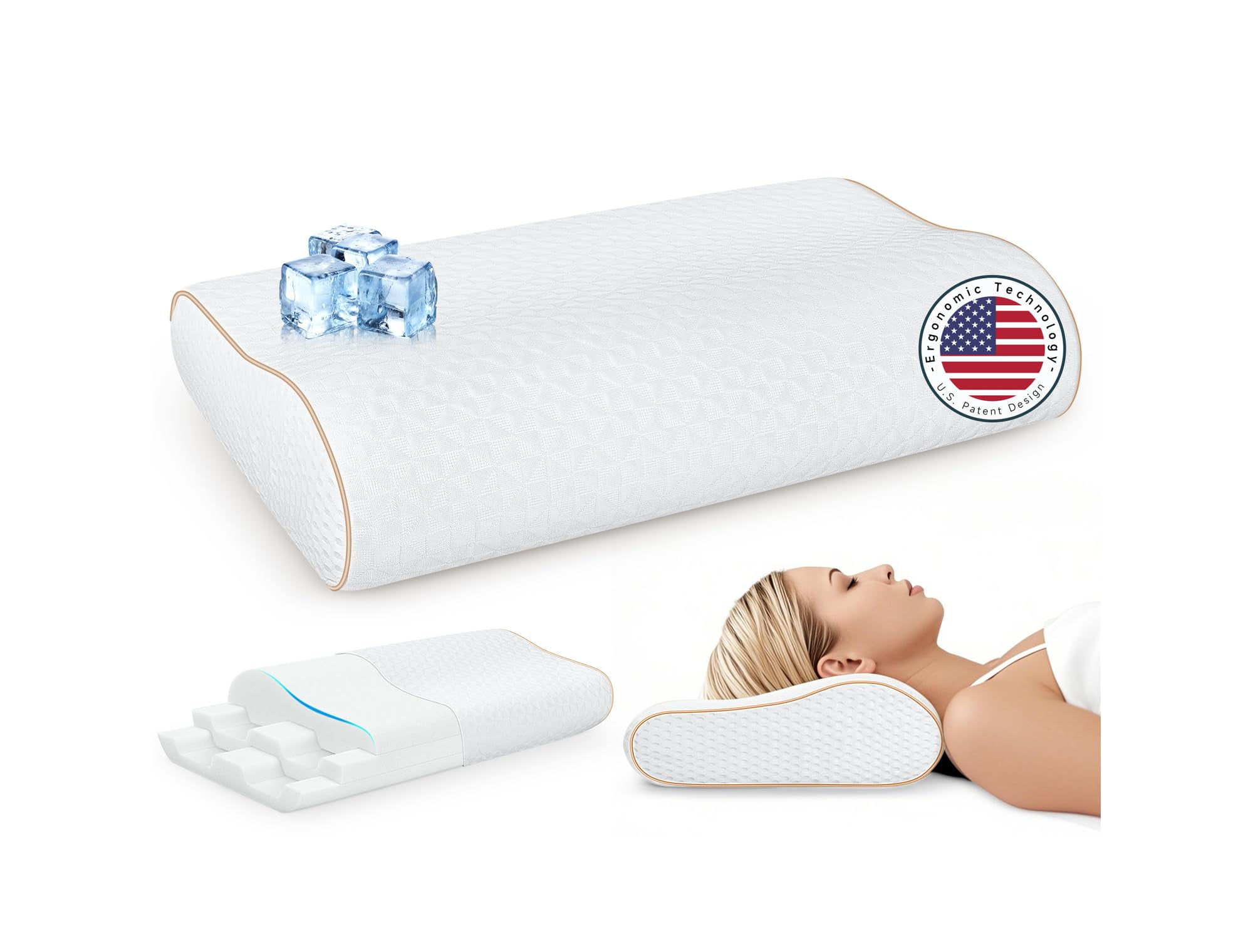 Sandwich Memory Foam Pillow Queen Size for Neck Pain Relief, Ergonomic ...