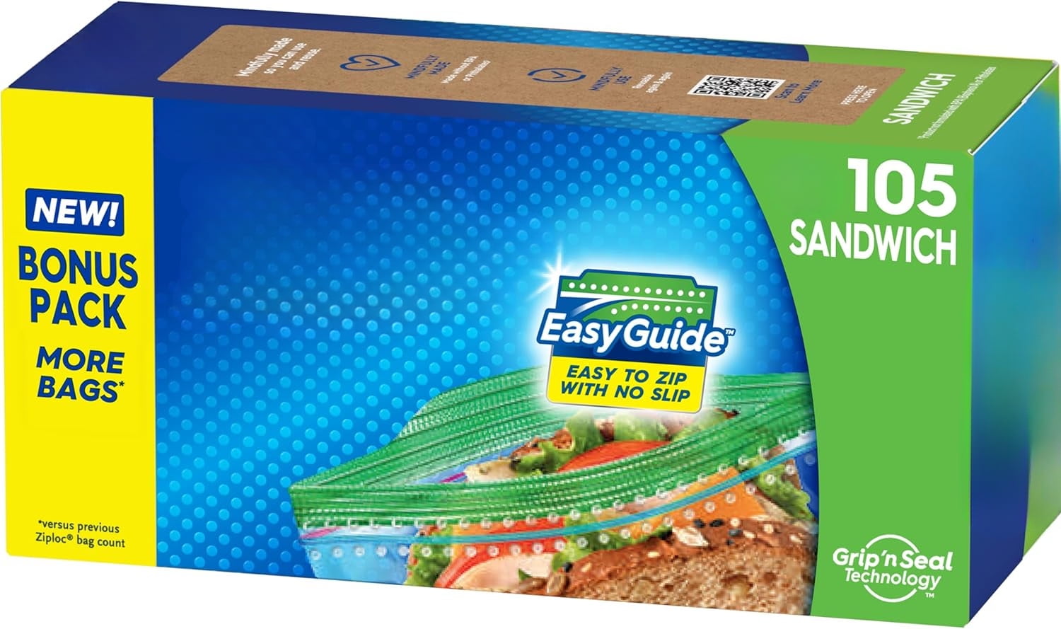 Sandwich and Snack Bags with EasyGuide Texture, Plastic Storage Bags with Grip 'n Seal ...