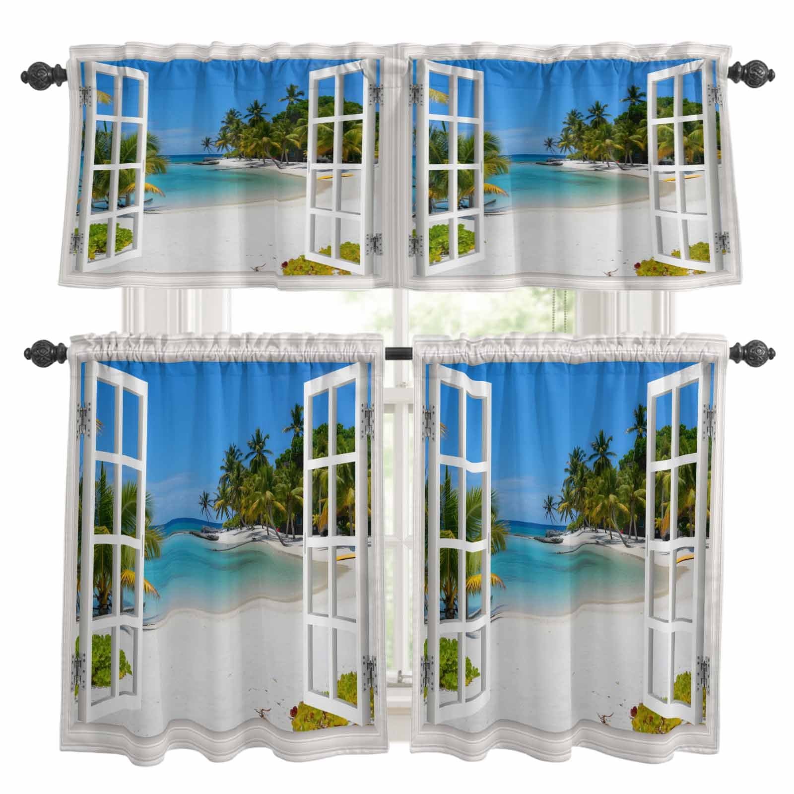 Sandy Beach Curtain Valances Set Coconut Trees Sky Windows View Kitchen ...