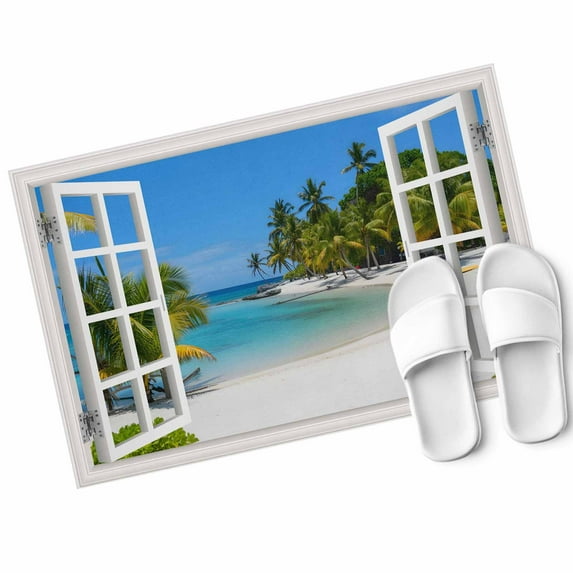 Sandy Beach Door Mat Coconut Trees Sky Windows View Non Slip Absorbent ...