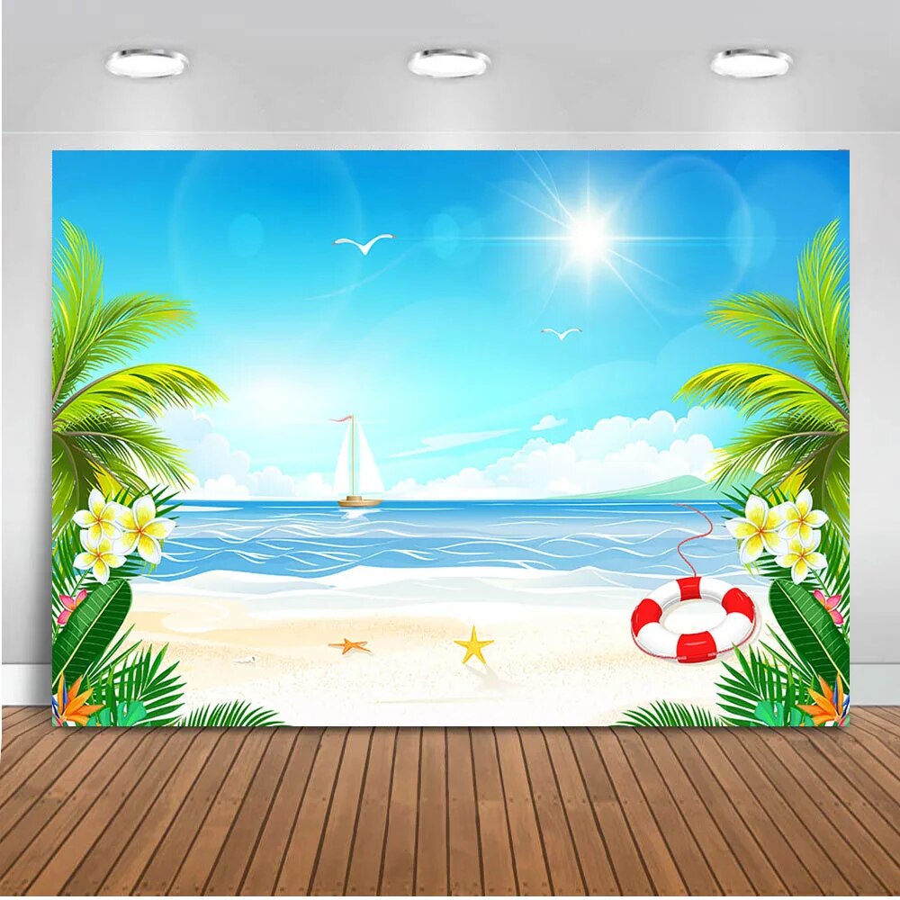 Sandy Beach Party Decoration Backdrop for Photography Blue Sky and Sea ...