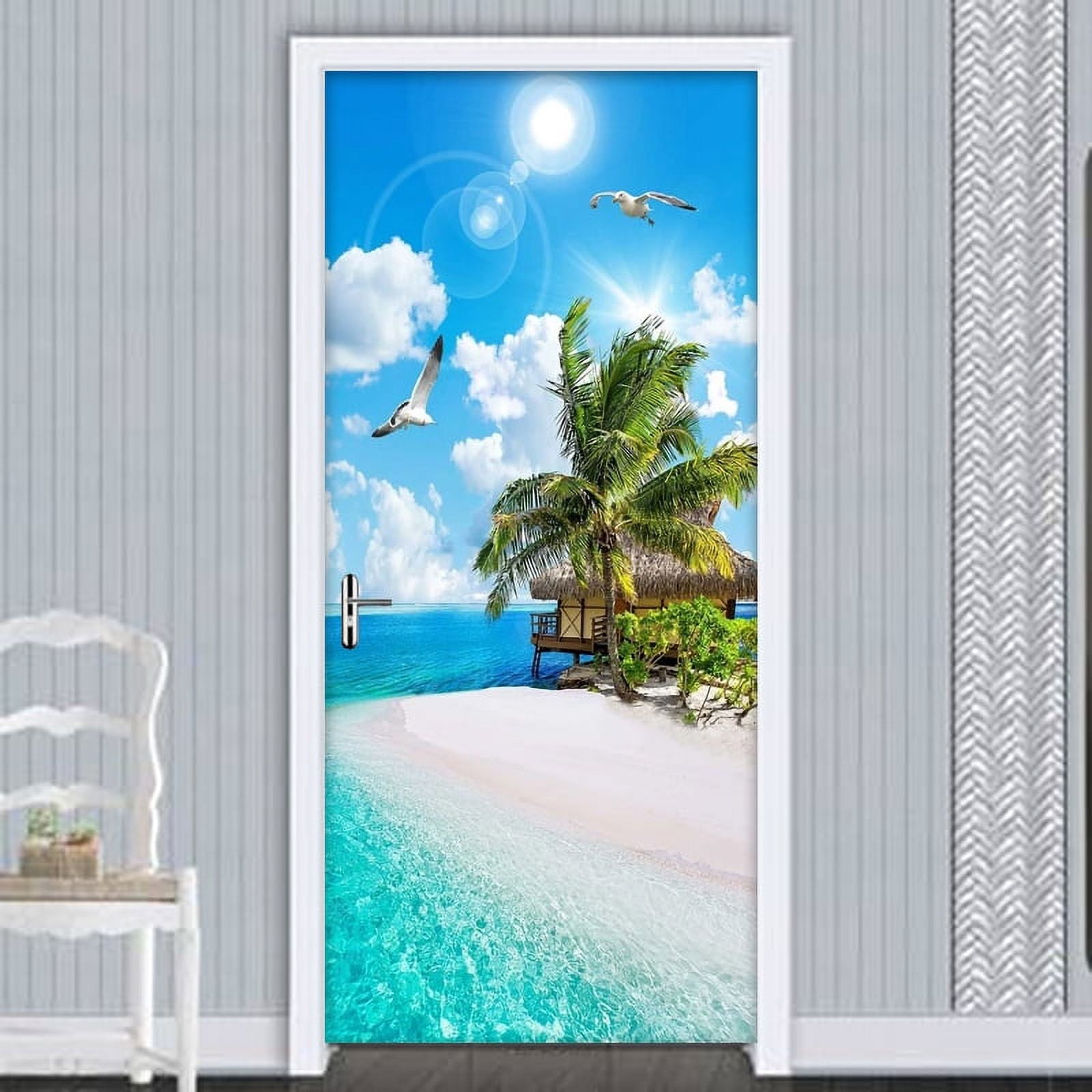 Sandy Beach Seascape 3D Door Sticker PVC Waterproof Self-adhesive Mural ...