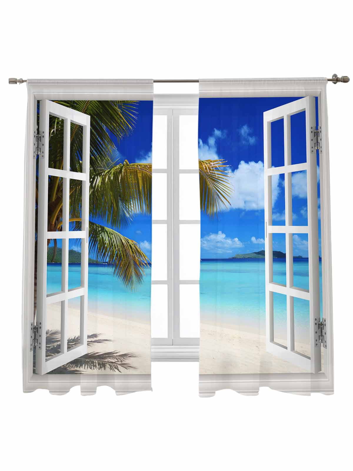 Sandy Beach Sheer Curtains 2 Panels Set Coconut Trees Seascape Windows ...