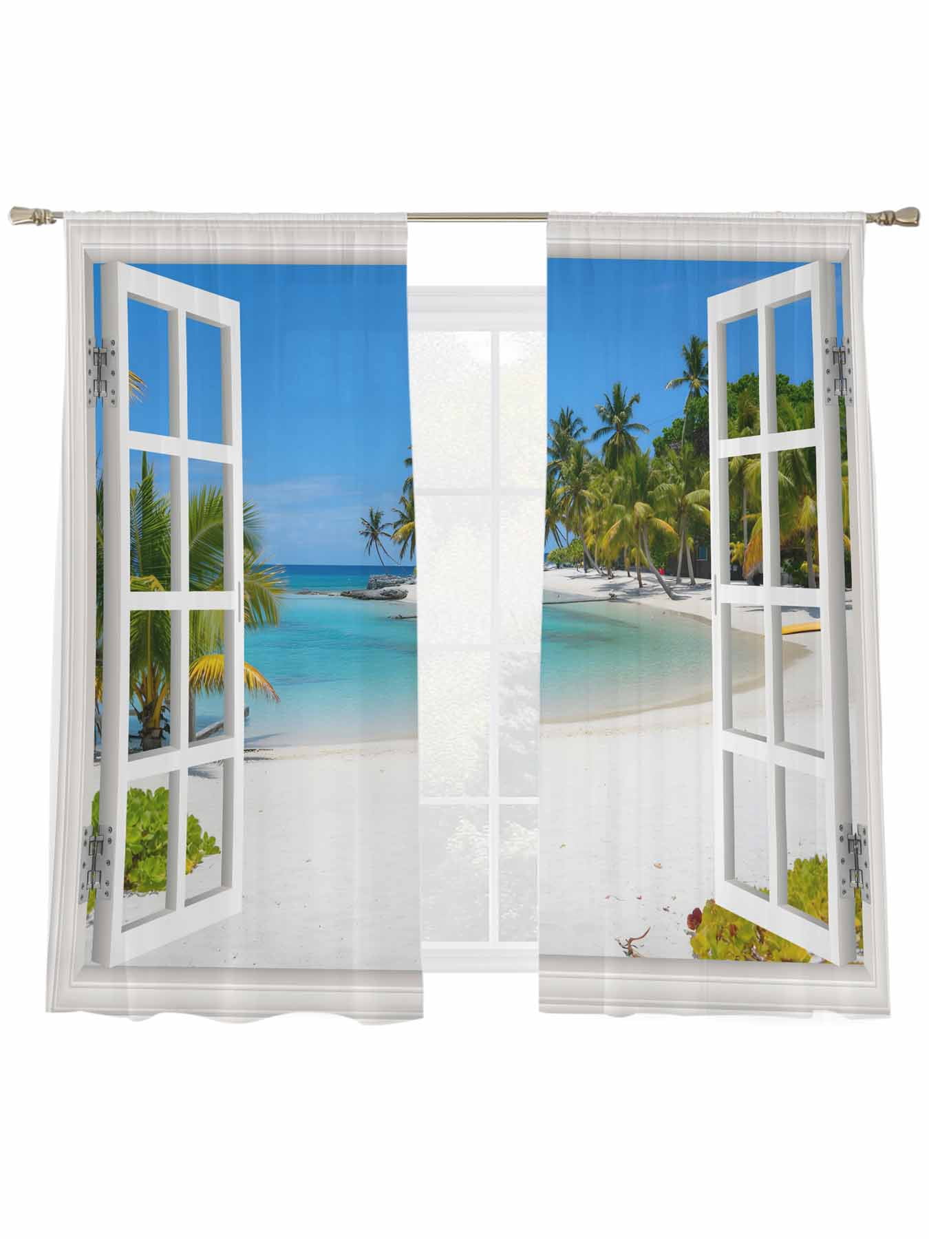 Sandy Beach Sheer Curtains 72 Inch Long 2 Panels, Coconut Trees Sky ...