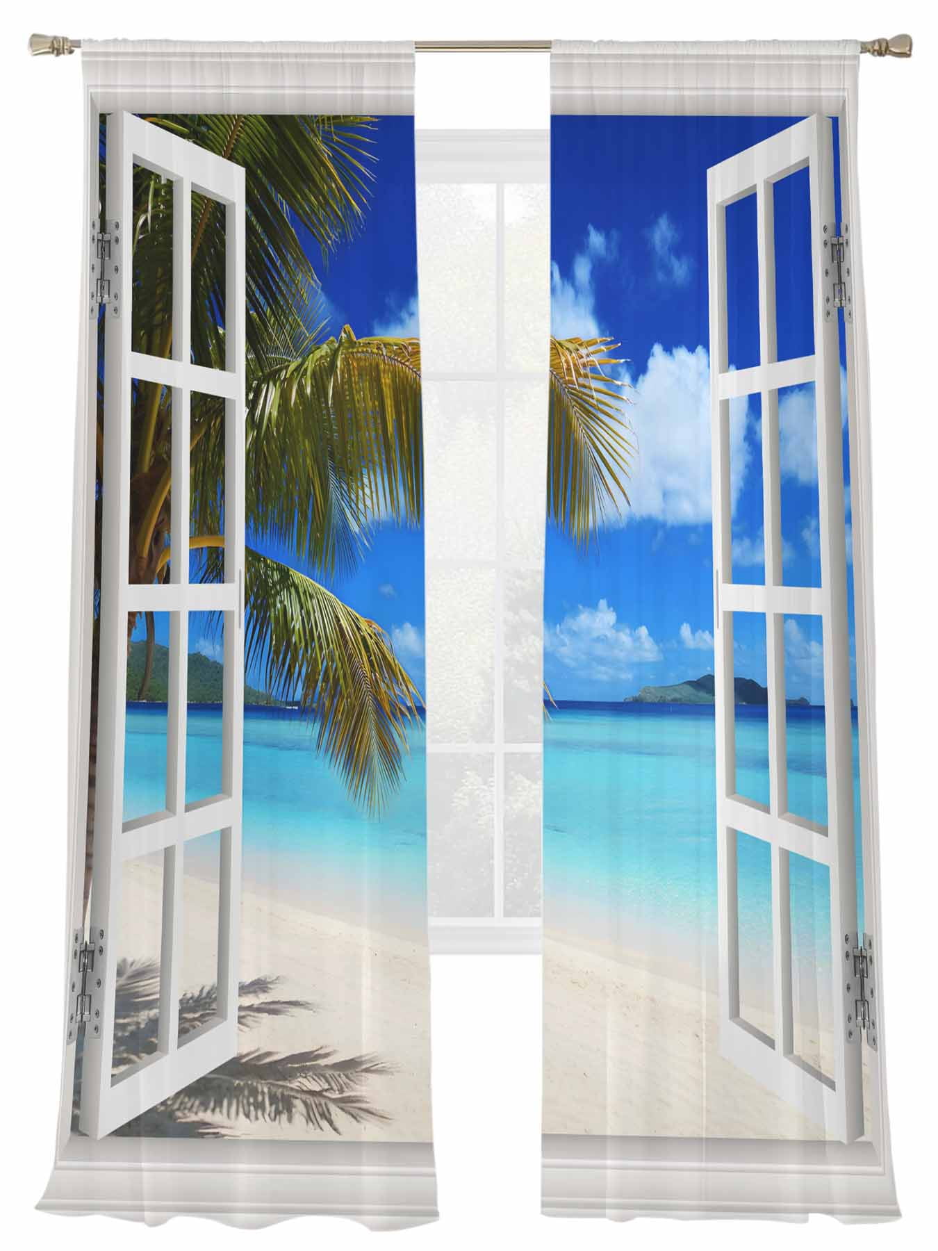 Sandy Beach Sheer Curtains 96 Inch Long 2 Panels, Coconut Trees ...
