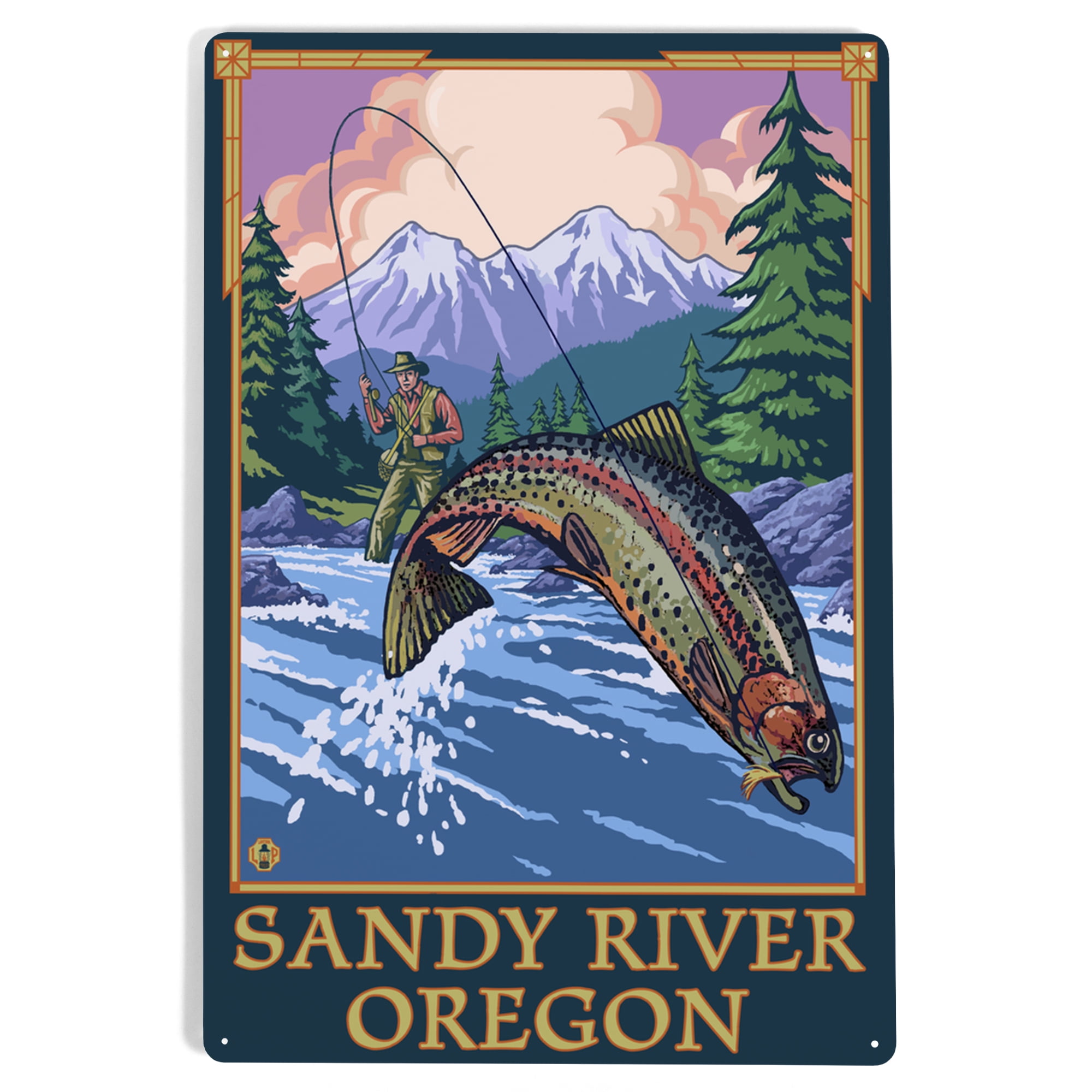 Sandy River, Oregon, Angler Fly Fishing Scene (Leaping Trout) (12x18 Aluminum Art, Indoor ...