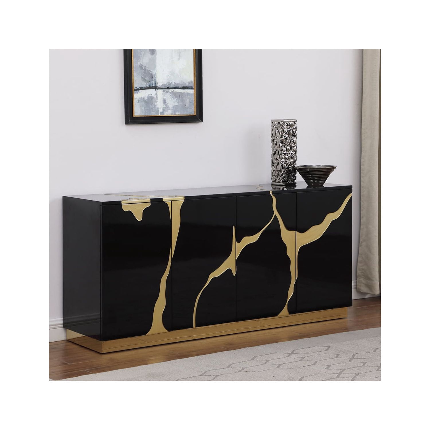 Sanford Modern Sideboard Buffet Cabinet, Black Lacquer Wood with High ...