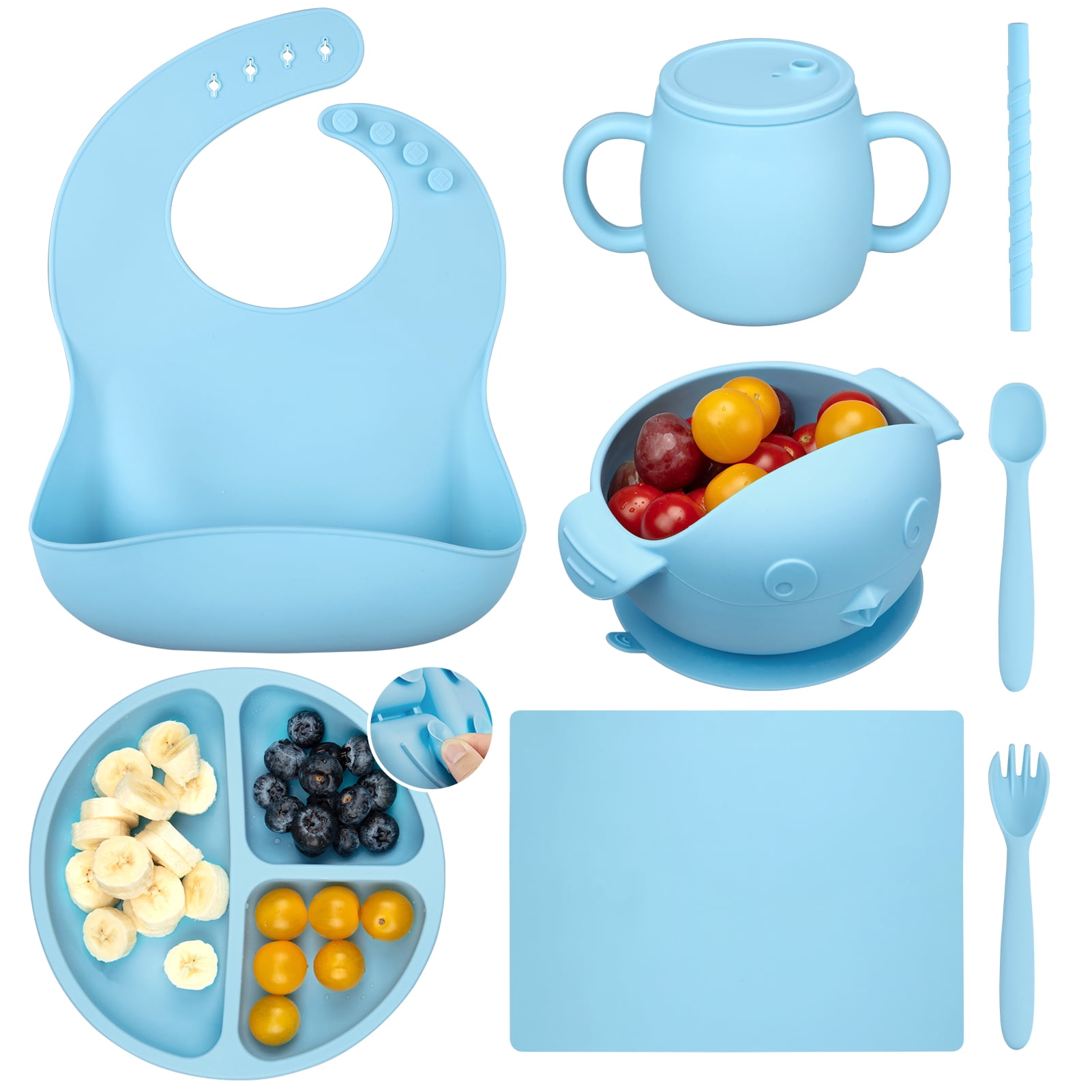 Sangdo 7-Piece Silicone Baby Feeding Set, Includes Bowl, Plate, Spoon ...
