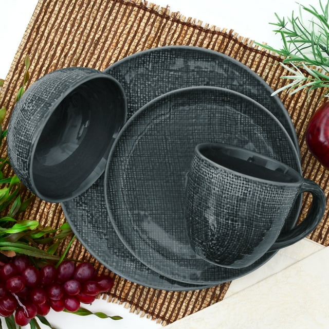 Sango Kain Denim Blue 16 Piece Embossed Reactive Glaze Stoneware ...
