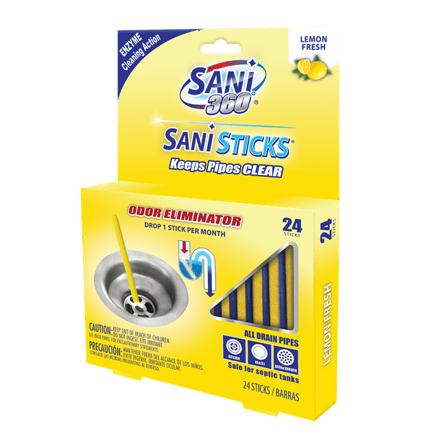 Sani 360 Lemon Fresh Drain Cleaner/Deodorizer Sticks, 24 Count, Septic ...