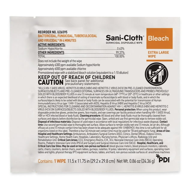 Sani-Cloth Bleach Wipes Disinfecting Surface Cleaner, 11.5 in x 11.75 ...