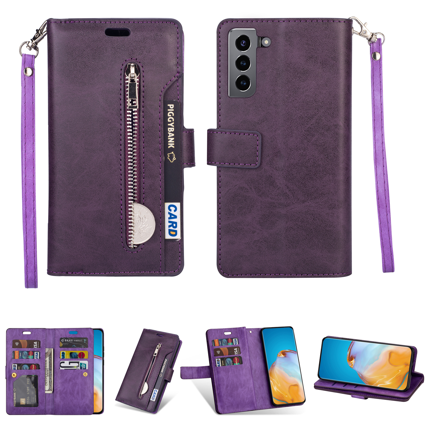 SaniMore for Samsung S24 2024 Case, Zipper Wallet Detachable Wrist Strap Flip Card Pocket ...