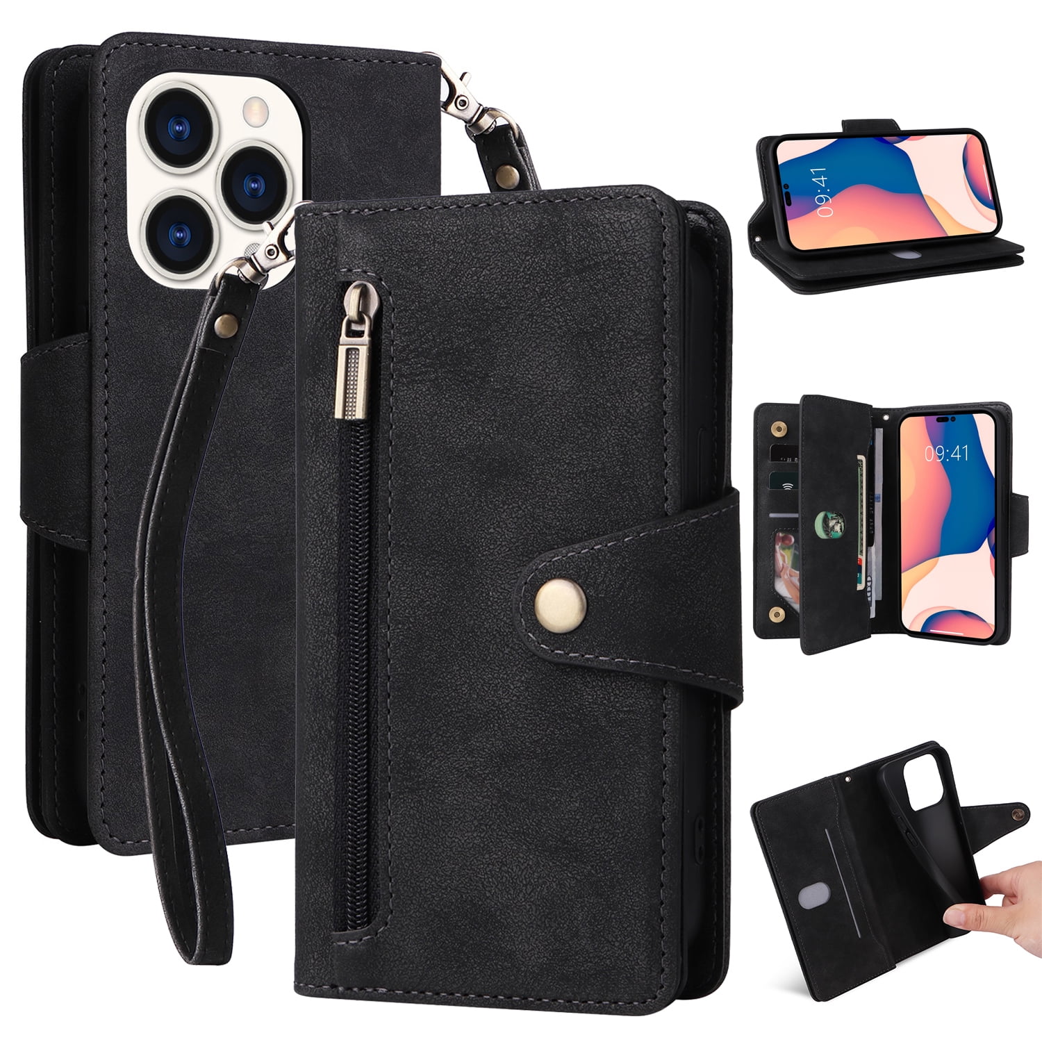 SaniMore for iPhone 15 Pro Max (6.7" 2023) Case, PU Leather 2 in 1 Zipper Wallet Removeable Wris ...