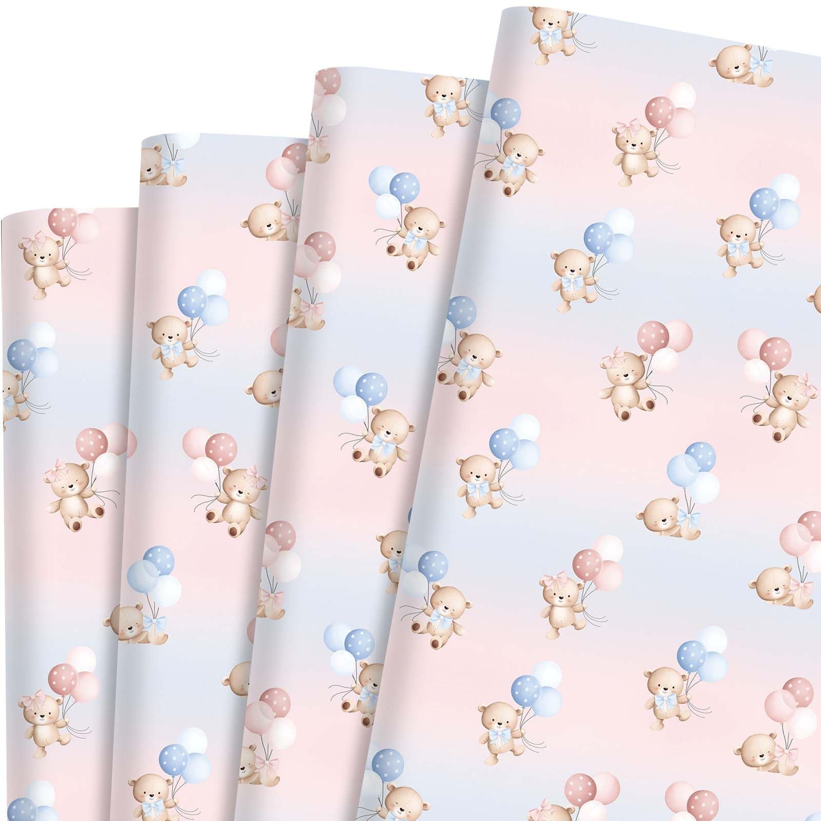 Sanixin 12 Sheets Gender Reveal Wrapping Paper Bear Balloon Blue Pink ...