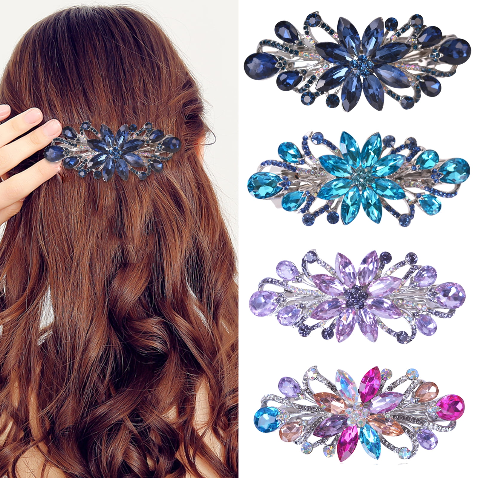 Sankuwen 4 Pcs Hair Barrettes for Women Ladies Flower Crystal ...